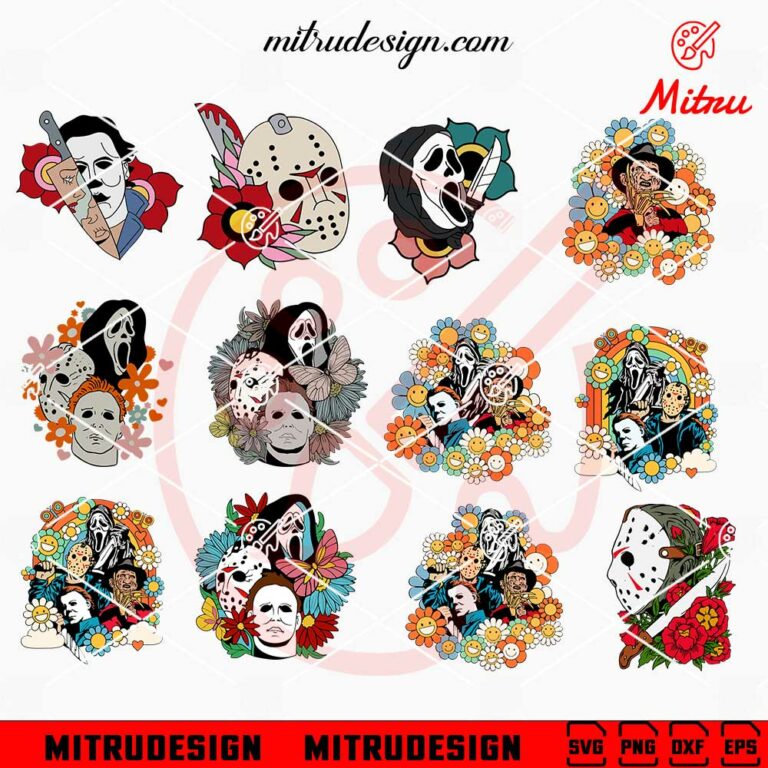 Horror Characters Floral Bundle SVG, Halloween Movie Retro SVG, Digital ...